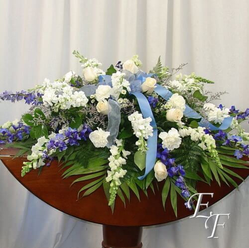 Blue & White Casket Spray EF 207 B - Blooms At The Boutique